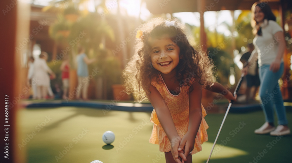 Cute little girl playing mini golf at park Stock Photo | Adobe Stock