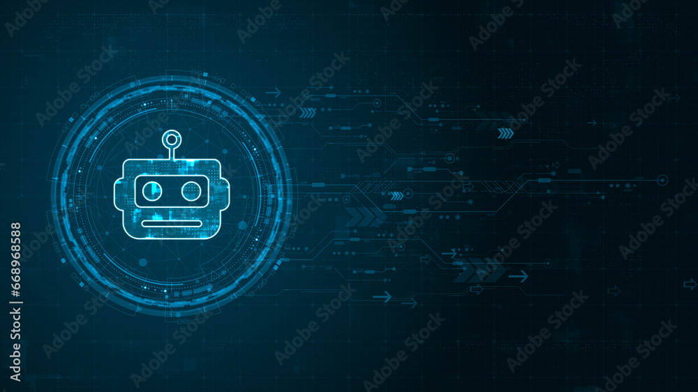 Blue digital robot head logo and circle futuristic HUD elements with ...