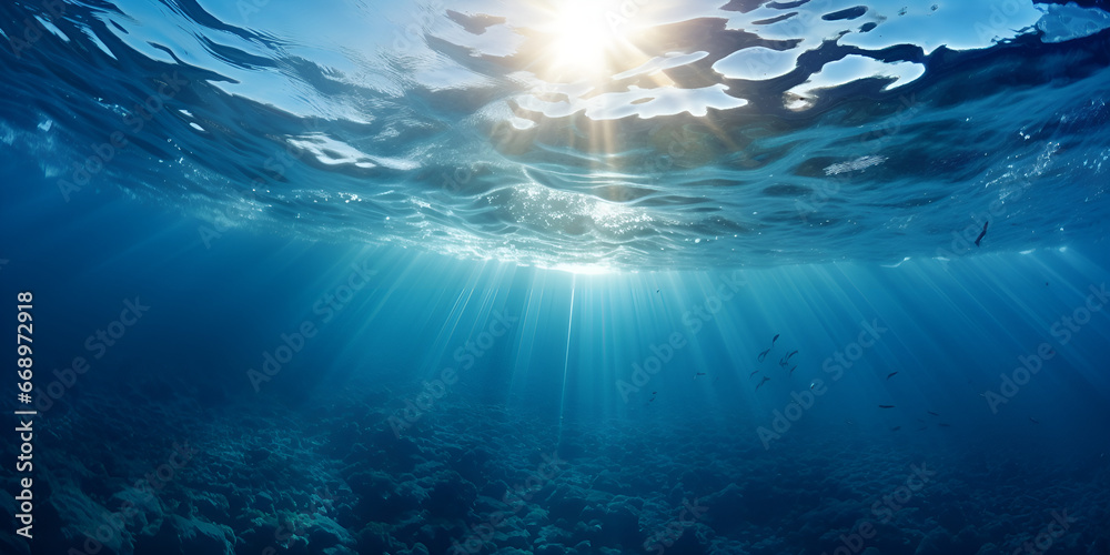 Underwater view of blue sea with sunbeams and lens flare ,,, Sun Rays ...