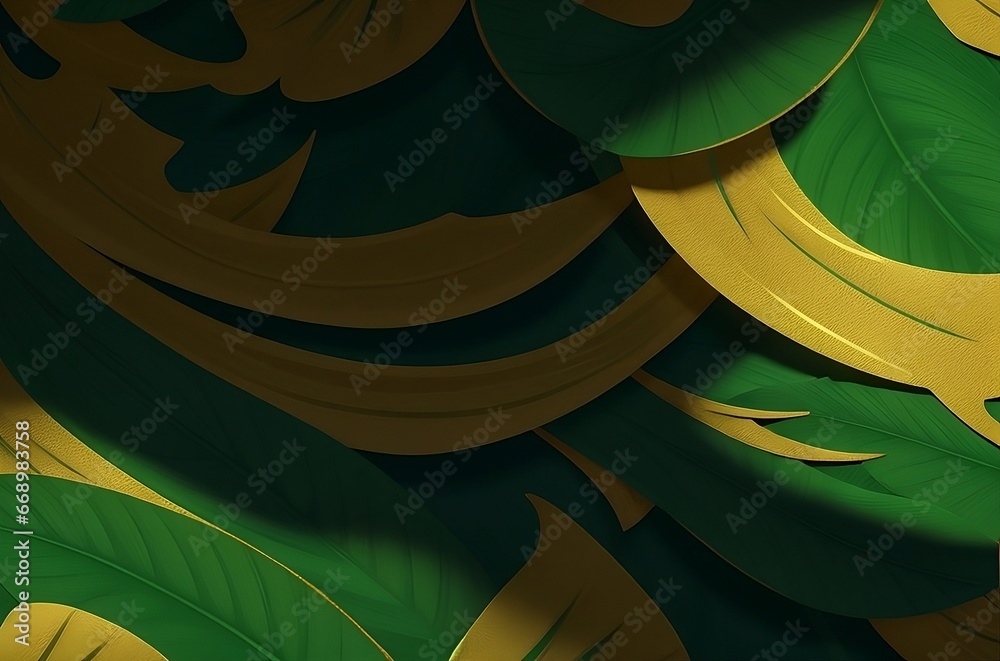 Gold and Green wavy shapes abstract background. Tropical leaves gold ...
