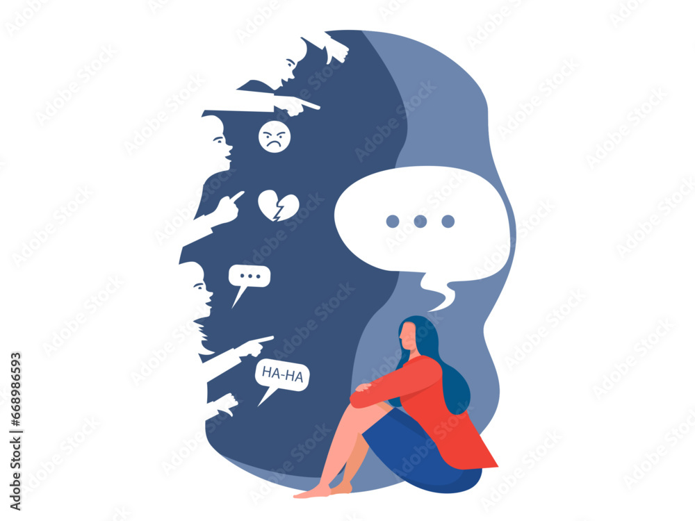 Bullying concept,woman depressed with People bullying a girl on message ...