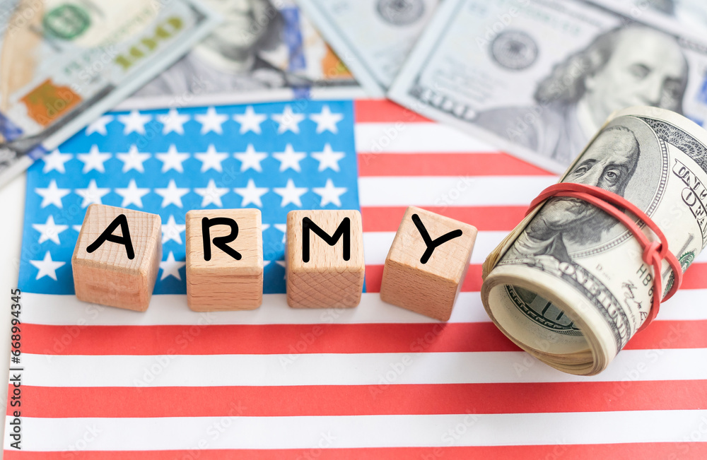 The soldier military tokens on dollar bills on the USA flag background ...