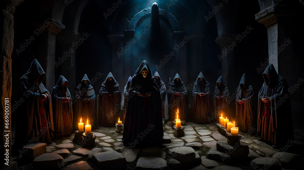 A hauntingly intense congregation of hooded figures, their fervent ...