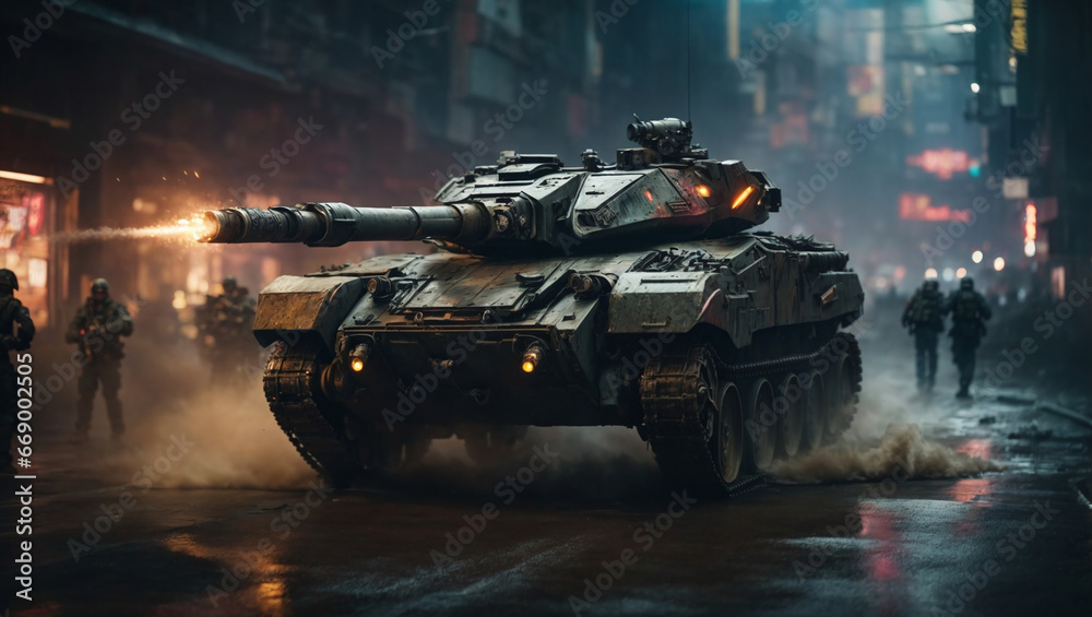 A gripping scene unfolds in a cyberpunk dystopia, as an armored tank ...