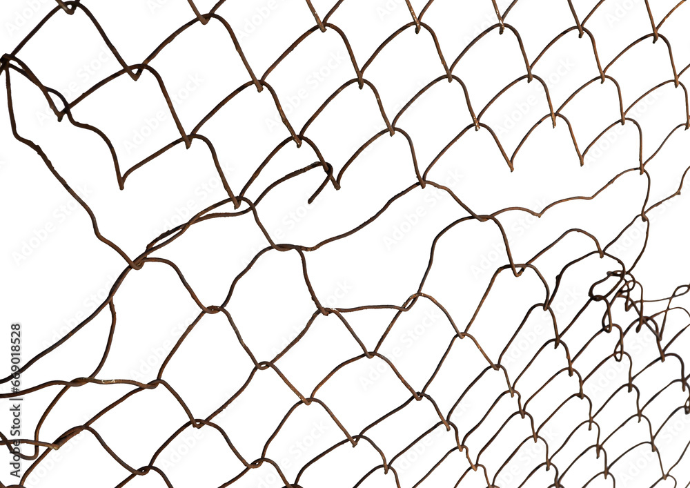 The texture of the metal mesh. Torn, destroyed, broken metal mesh on a ...
