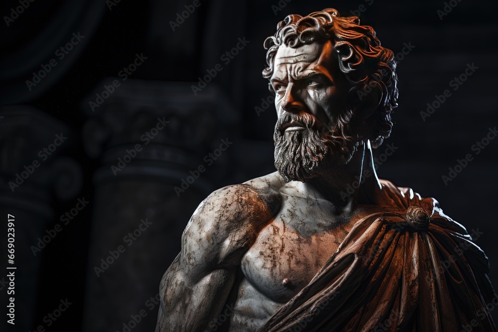 Personne de sculpture stoïque avec pierre, peau. Grec ancien, romain ...