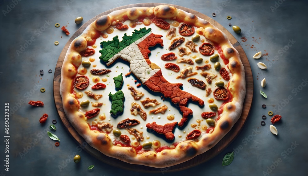 A gourmet pizza celebrating Italy, with a map of the country made from ...