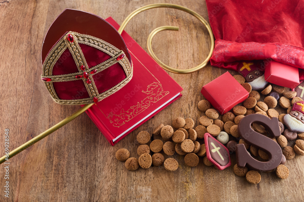 Dutch holiday Sinterklaas background with mitre or mijter staff and ...