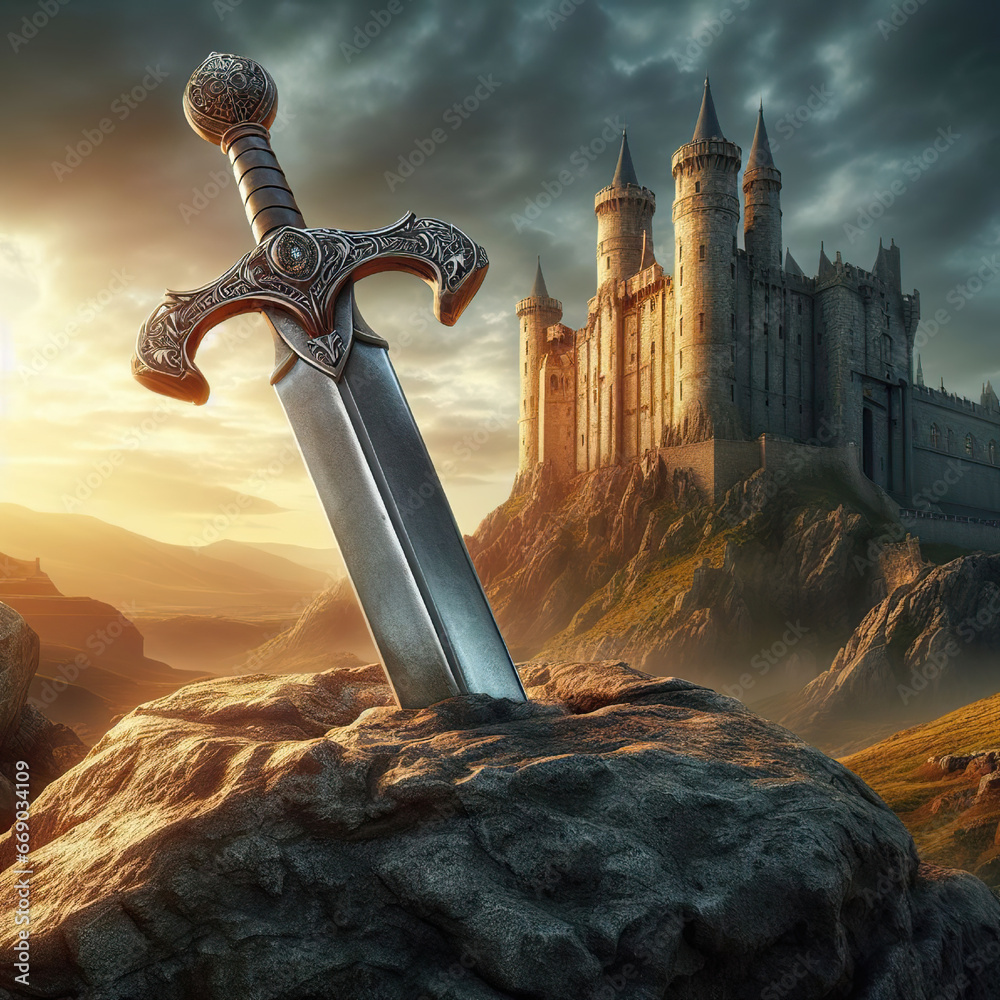 Excalibur. The mythical sword in the stone. Camelot castle on ...