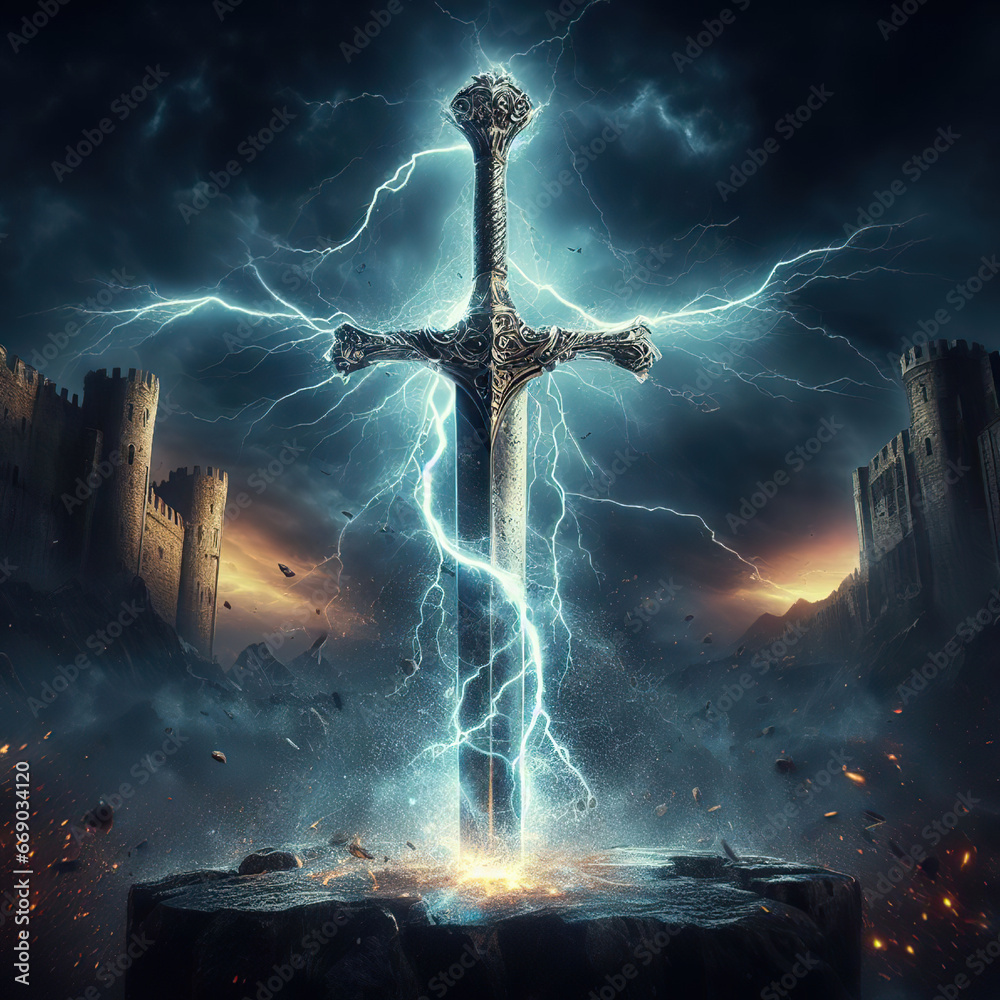 Excalibur. The mythical sword in the stone. Camelot castle on ...