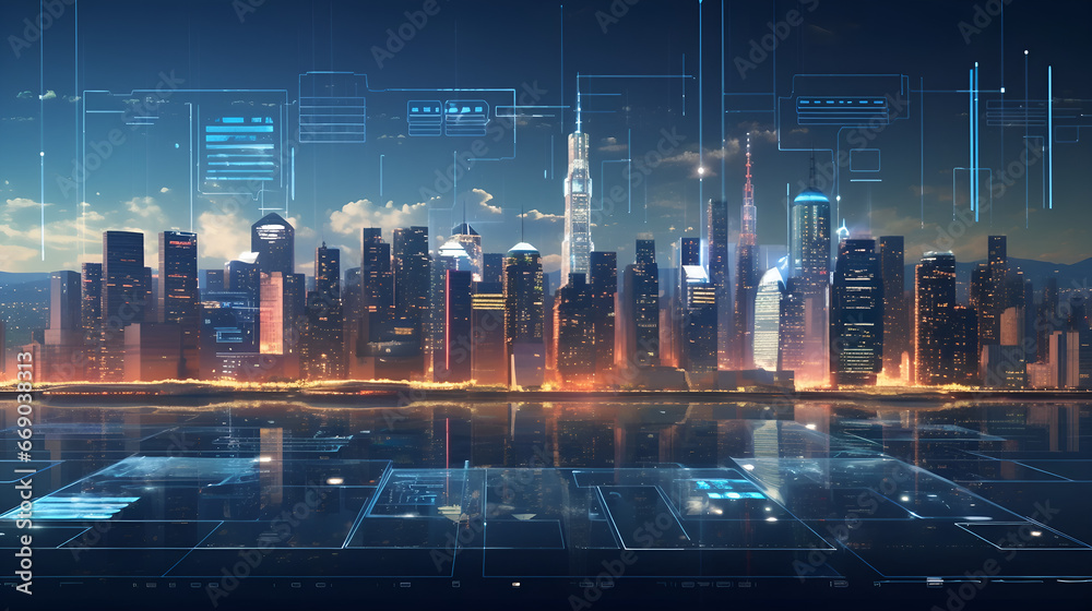 city skyline in the midst of a digital revolution, with skyscrapers ...
