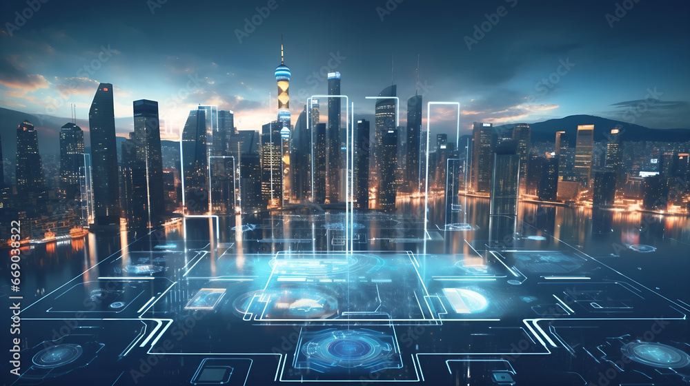 city skyline in the midst of a digital revolution, with skyscrapers ...