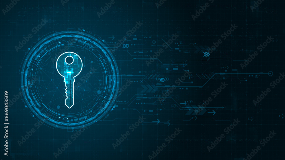 Blue digital security key logo and circle futuristic HUD elements with ...