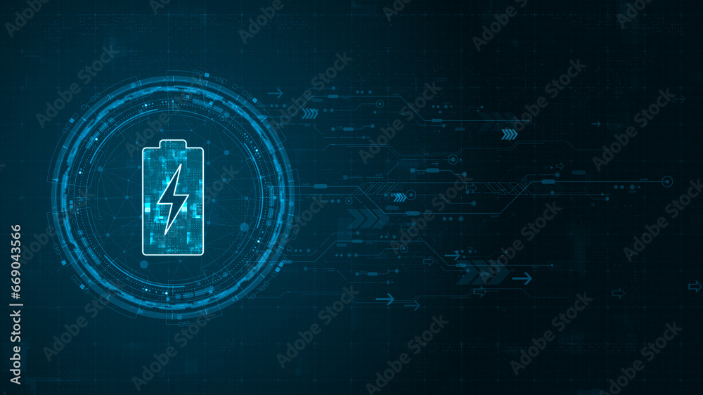 Blue digital battery logo and circle futuristic HUD elements with ...