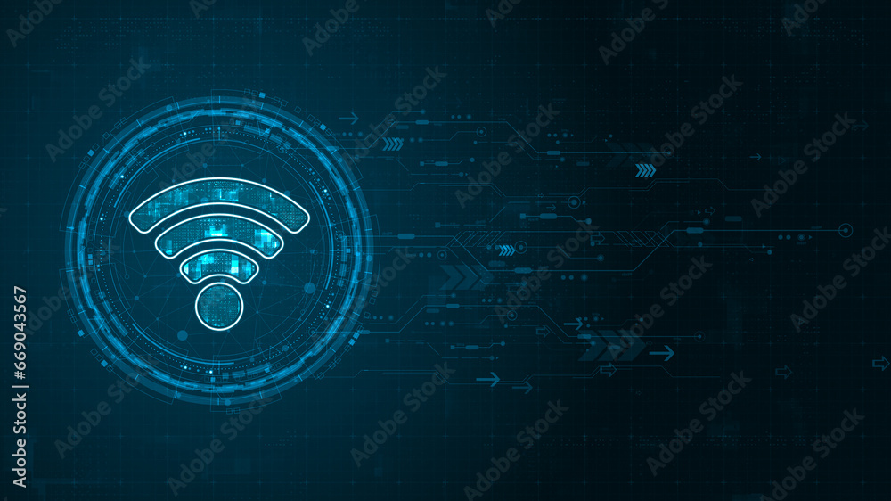Blue digital WIFI logo and circle futuristic HUD elements with flowing ...