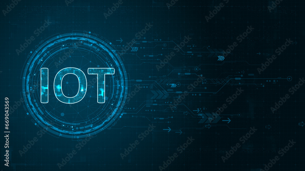 Blue digital IOT letter and circle futuristic HUD elements with flowing ...