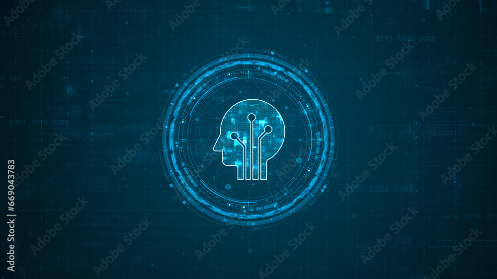 Blue digital robot head logo and circle futuristic HUD elements with ...
