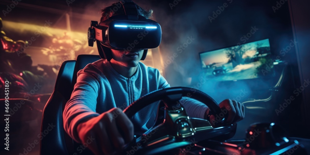 Futuristic simulator seat cockpit, man playing smart video games with ...