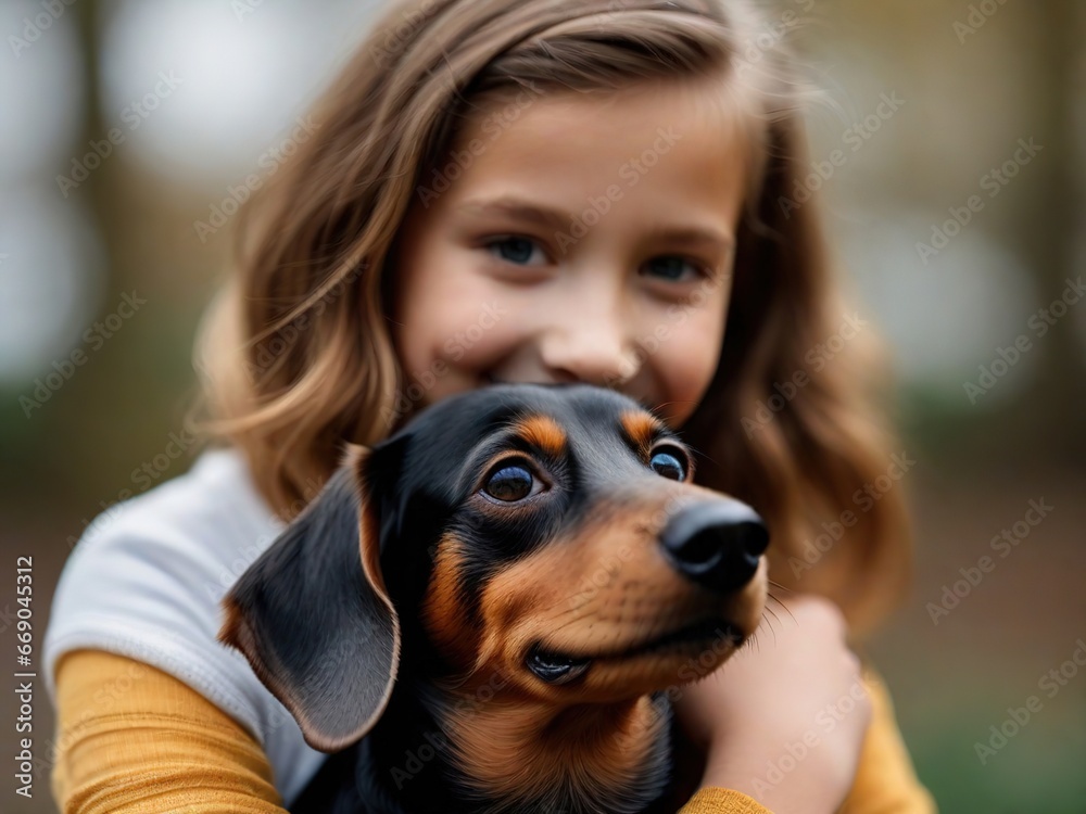 Niña cargando un perro salchicha color negro Stock Photo | Adobe Stock
