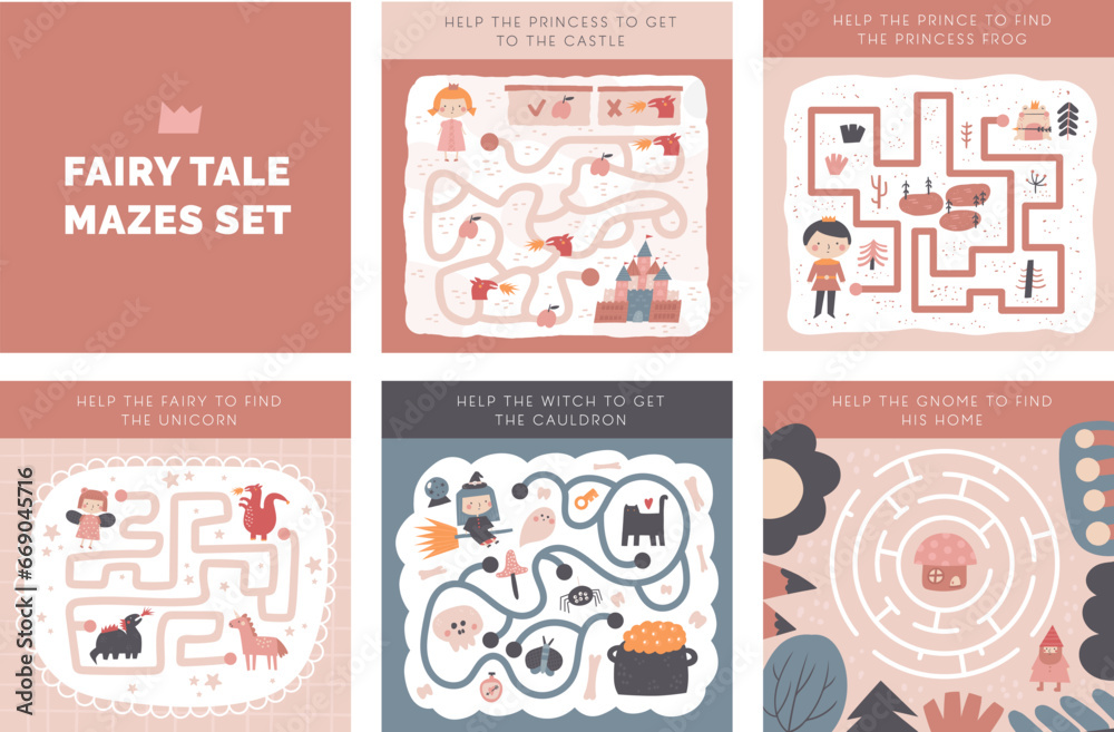 Cute fairy tale doodle mazes with prince, princess, witch, gnome, fairy ...