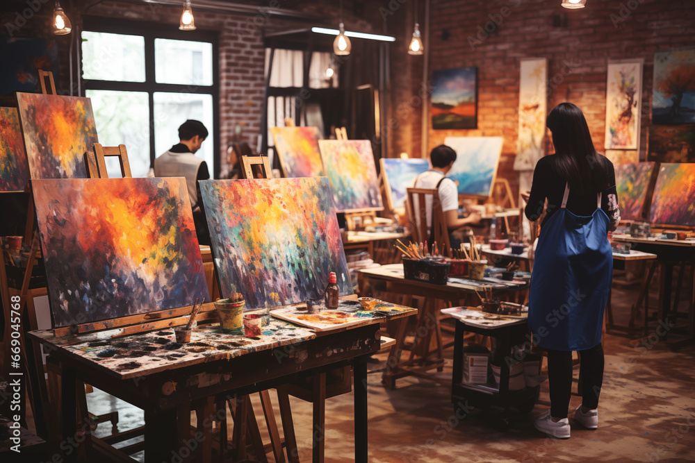 artists preparing their works for an upcoming art exhibition, adding a ...