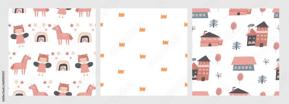 Cute fairy tale seamless patterns set. Funny hand drawn doodle ...