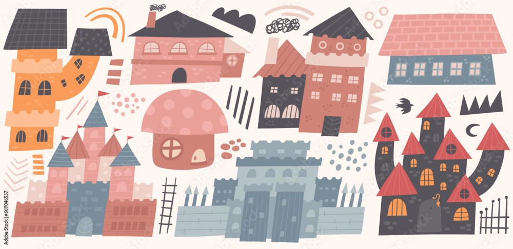Fairy tale houses set. Cute hand drawn doodle kingdom clip art for kids ...