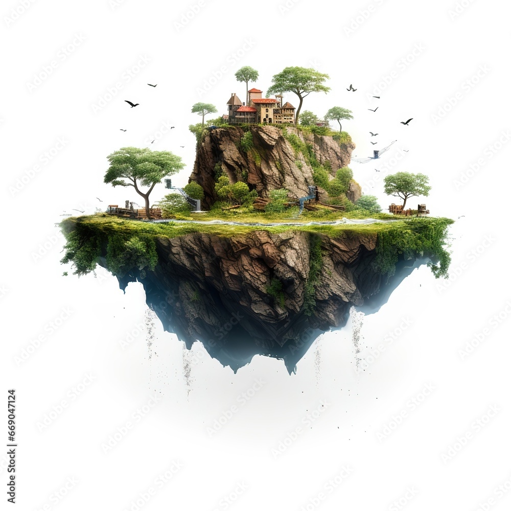 Flying land with beautiful landscape, green grass and waterfalls ...