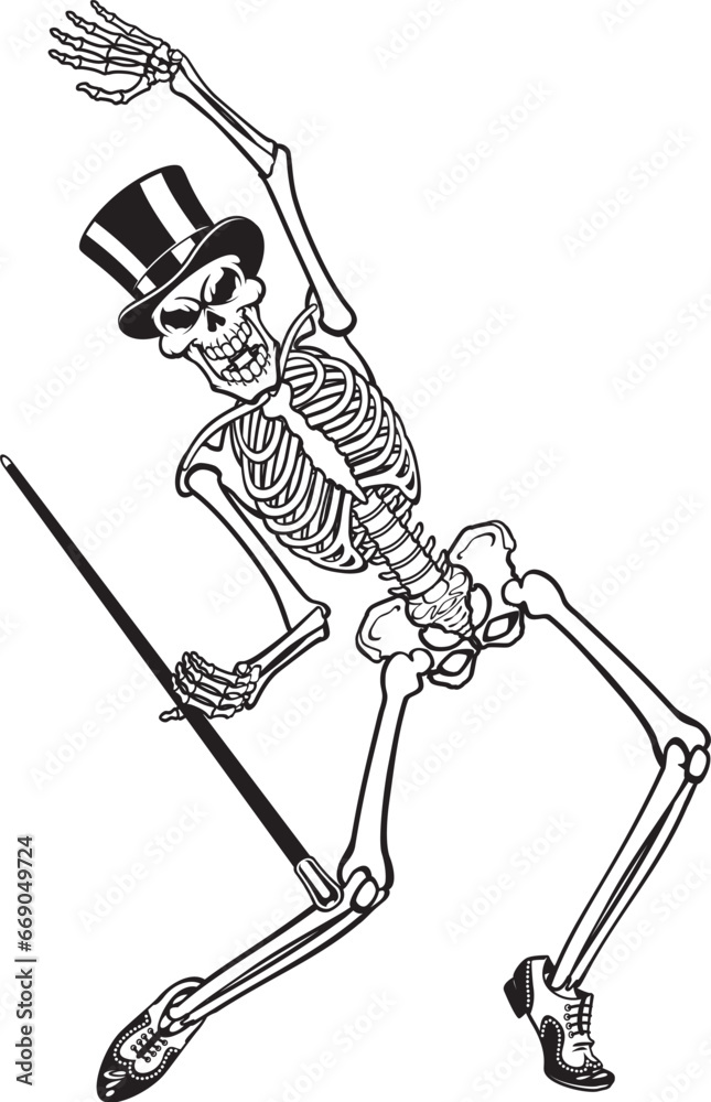 Human skeleton wearing top hat and holding cane tap dancing Stock ...