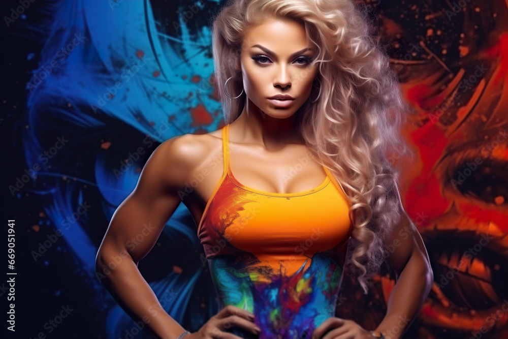 Young, athletic blond woman in vibrant sportswear. Close-up view. Active, sporty, fitness girl ...