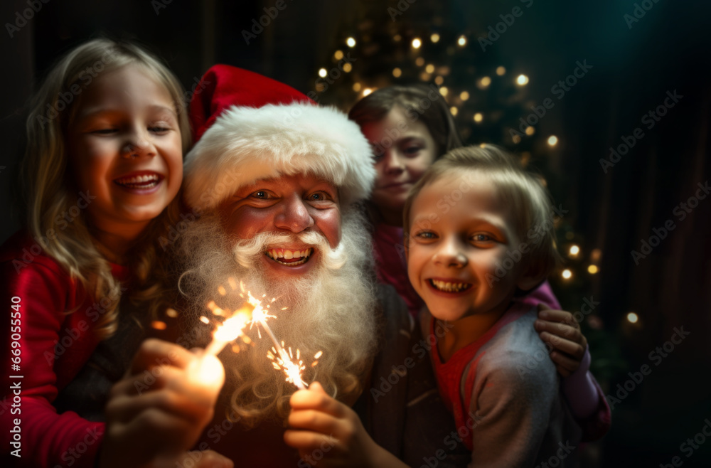 AI generative images. Smiling kind Santa hugging happy kids and holding ...