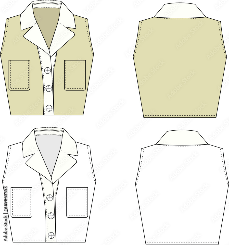 denim jean leather vest technical drawing flat sketch fashion, woman ...