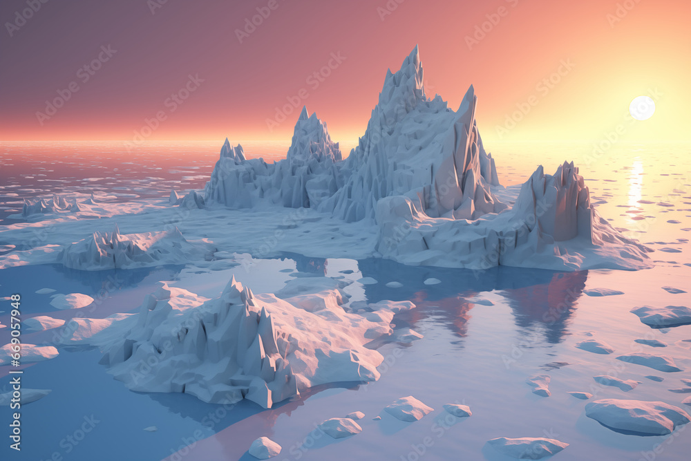 A realistic 3D render depicting a melted ice cap adrift in the vast ...