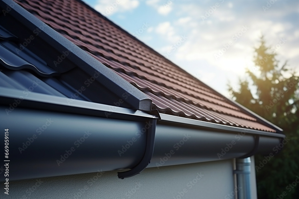 Roof gutter black and downpipe on a new tiled roof home facade Stock ...