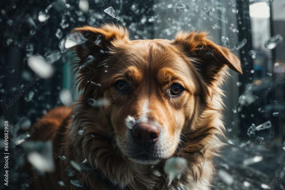 Composite collage-an image of a dog looking through the shards of a ...