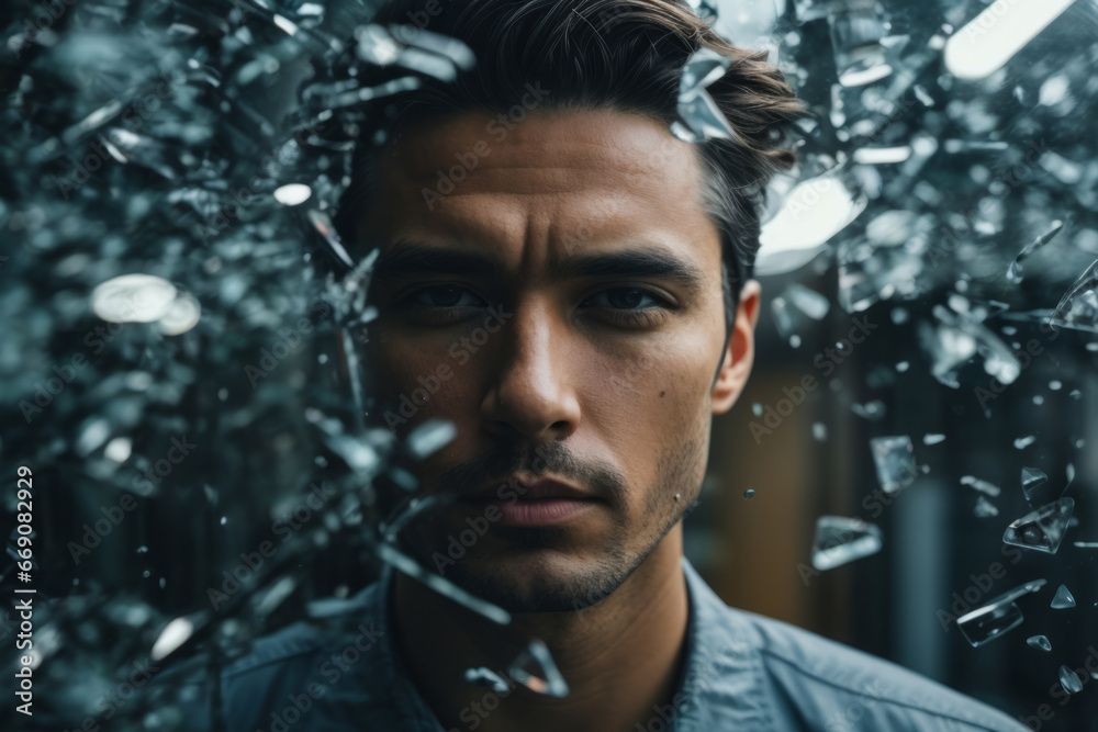 Composite collage is an image of a man looking through the shards of a ...