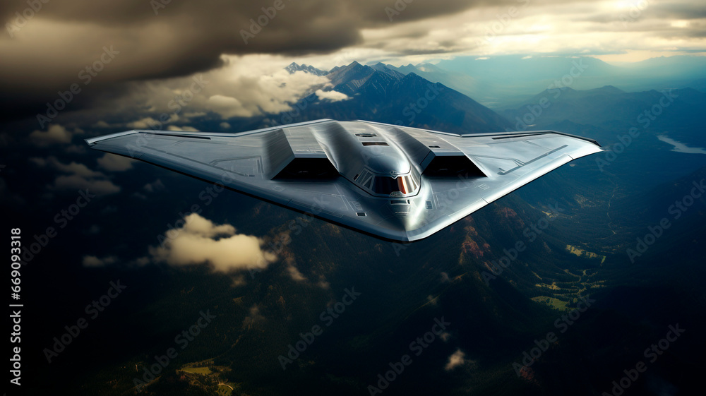 the flight of a B-21 Raider supersonic airplane in the sky above the ...
