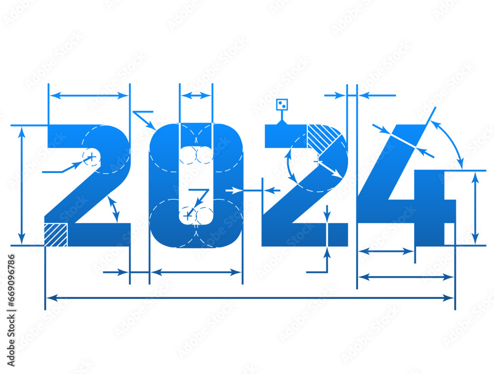 New Year 2024 number with dimension lines. Element of blueprint drawing ...