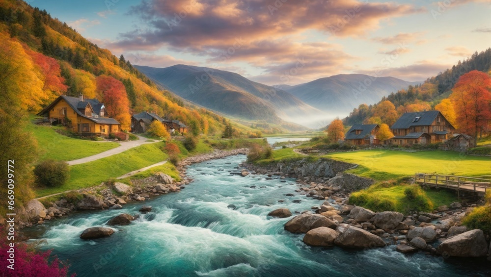 Charming wooden homes rest along a winding path, surrounded by ...