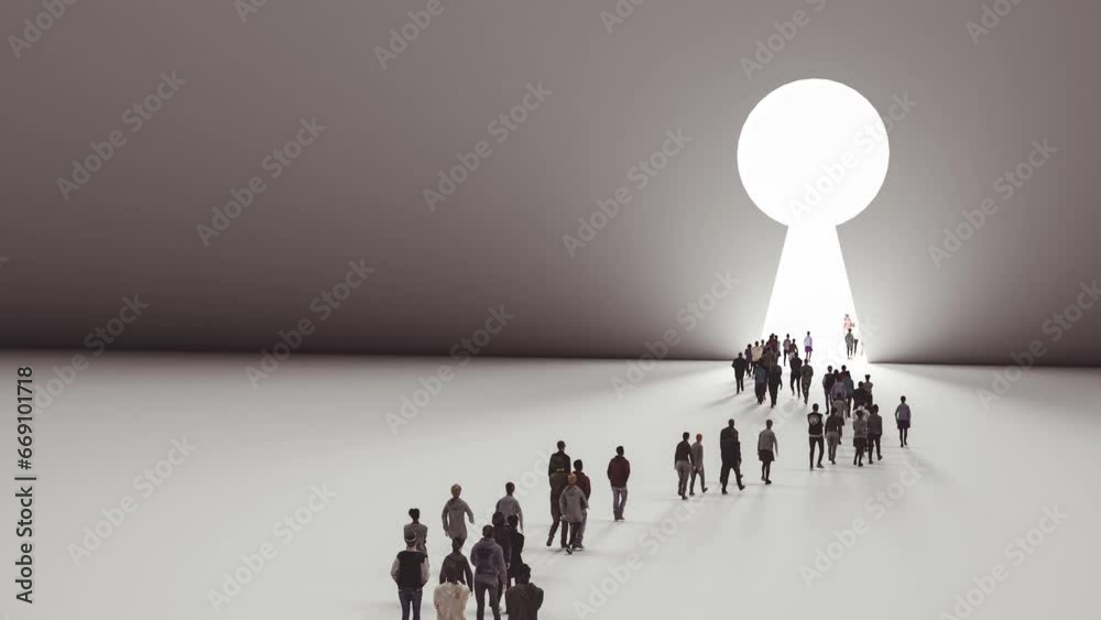 3D animation walking crowd people with a case to the opening gate with ...