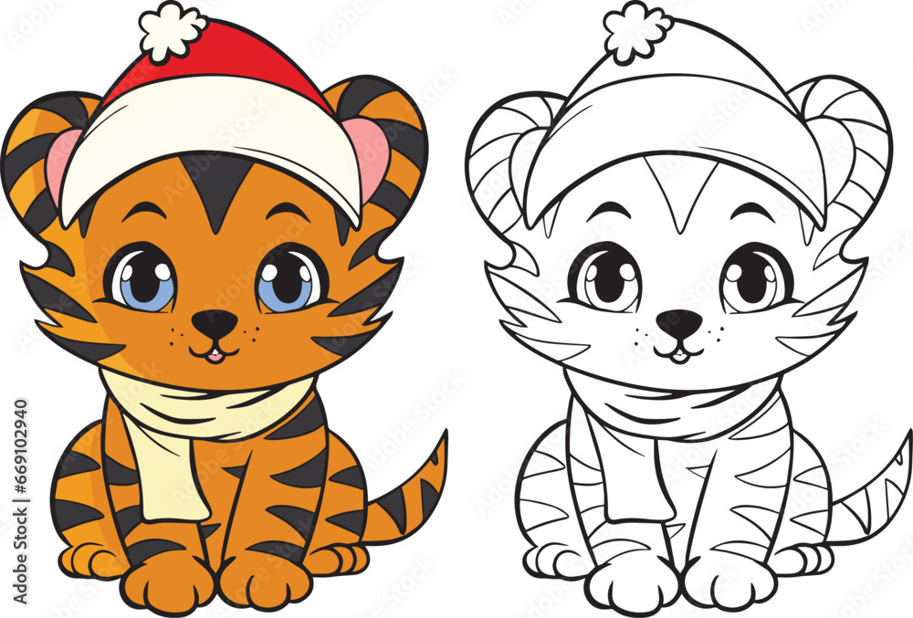 Christmas. Tiger cartoon. Black and white lines. Coloring page for kids ...