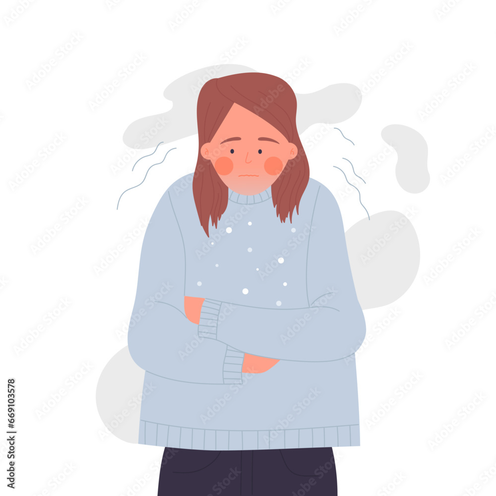 Sad girl feeling cold temperature. Shivering young girl, feeling hypothermia cartoon vector ...