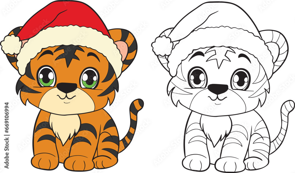 Christmas. Tiger cartoon. Black and white lines. Coloring page for kids ...