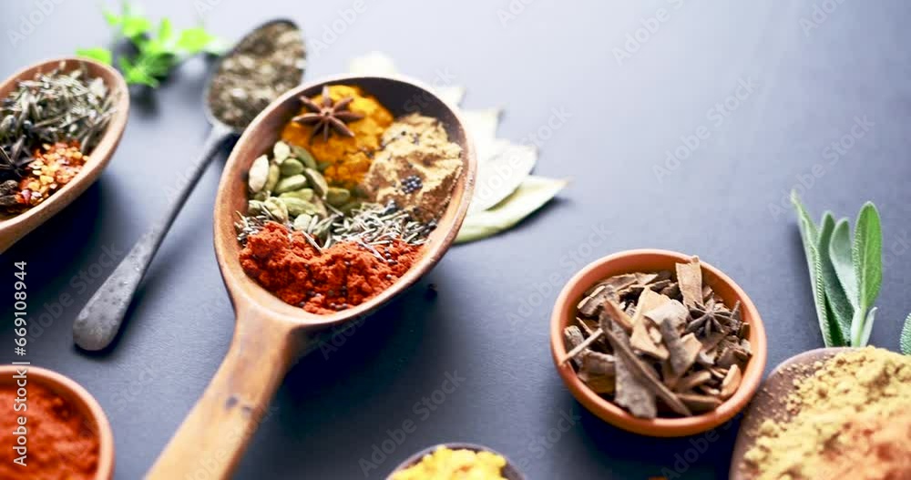 Spices, herbs and condiment for kitchen, layout and table for curry ...