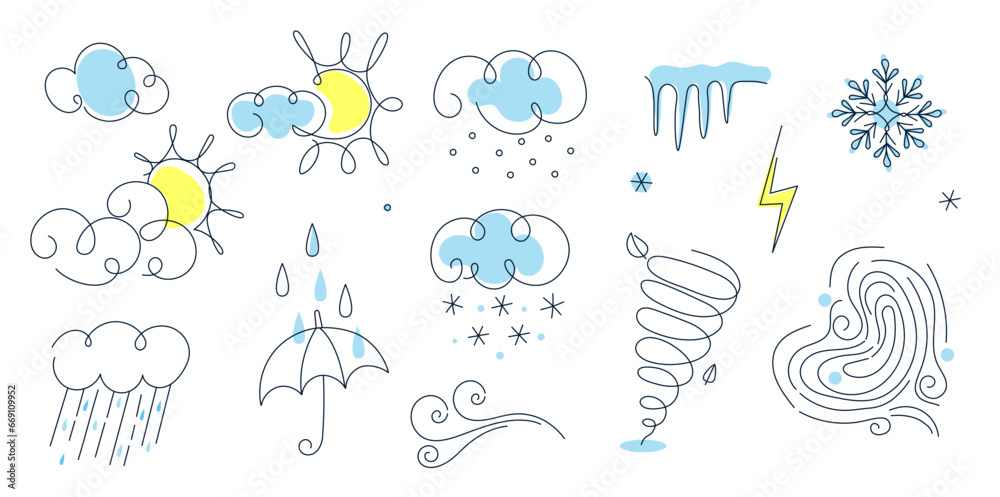 Meteorology and weather phenomenon vector lineart illustration. Black ...