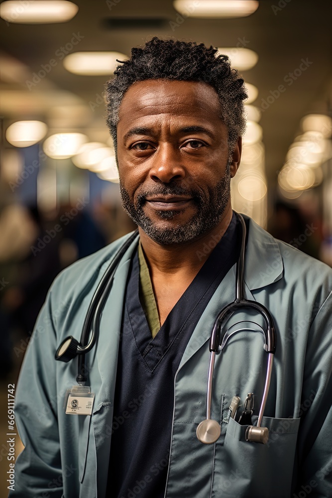 Portrait of a black doctor wearing his overalls with stethoscope around ...