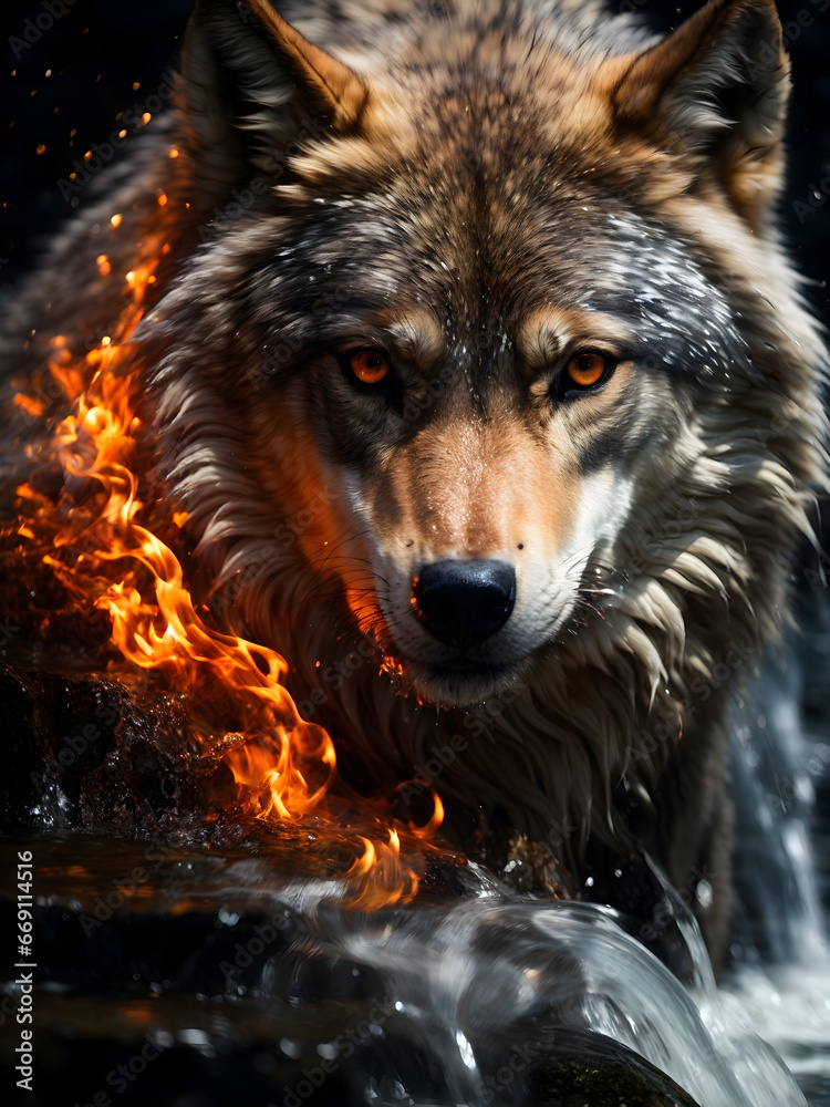 wolf formed from the merging elements of water and fire. Capture the ...