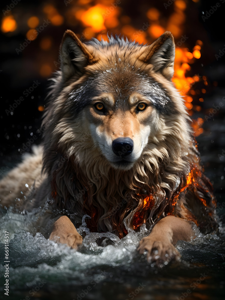 wolf formed from the merging elements of water and fire. Capture the ...