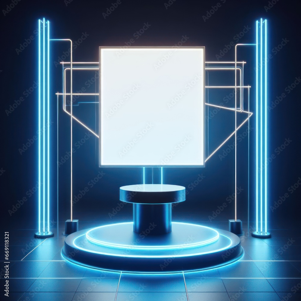 Blank product display with blue electric Podium, pedestal, stand neon ...