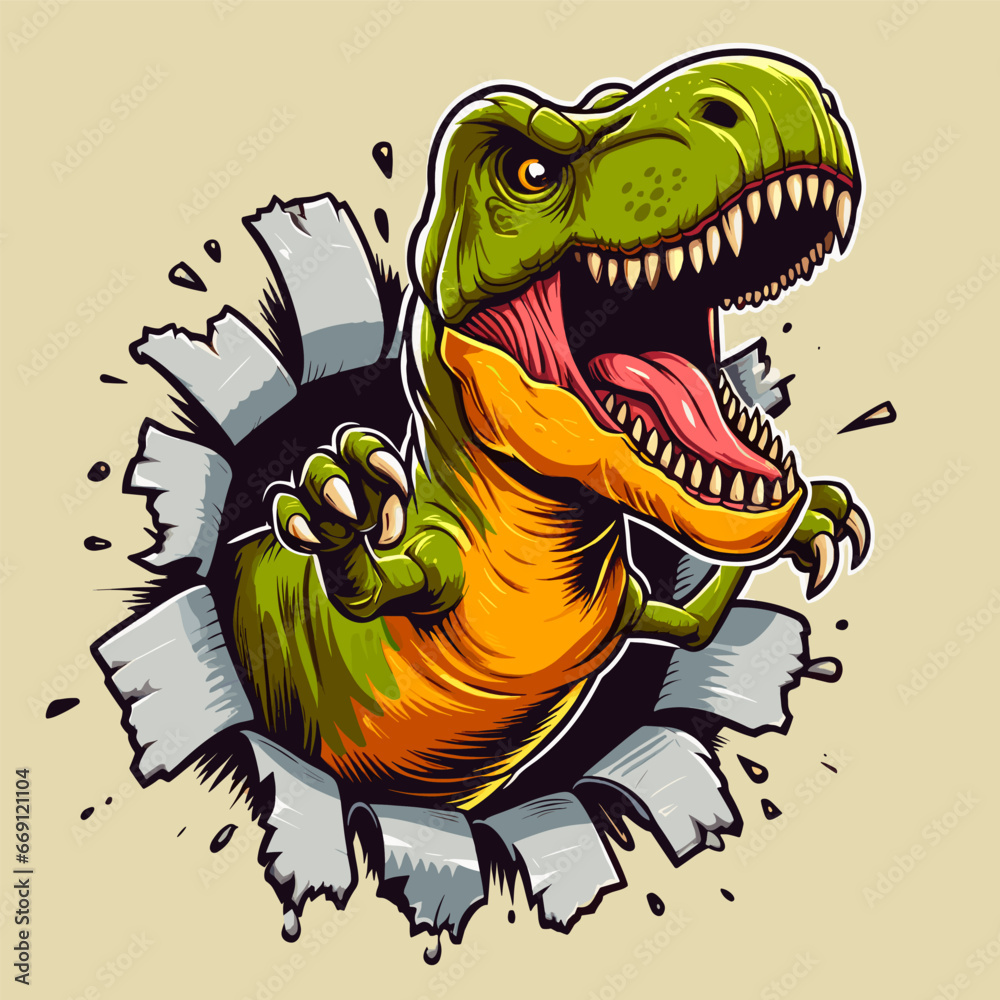 vector hand drawn t-rex roars out of a scrap of paper illlustration ...